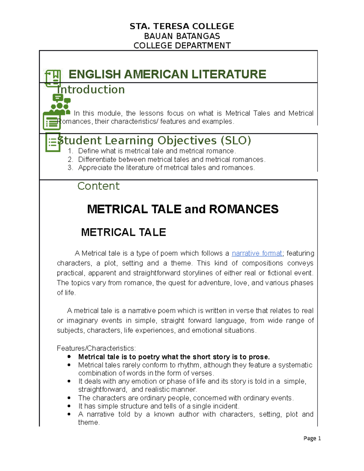 Metrical Tales and Romances - Module Overview (ENG 101) - Studocu