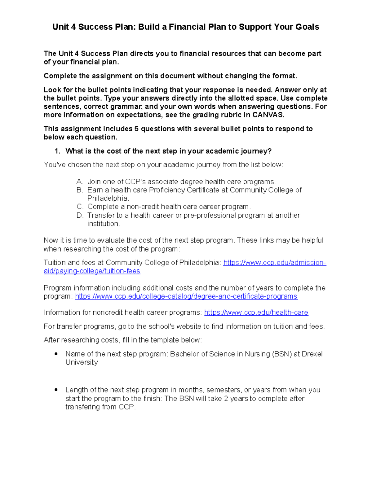 Unit 4 Success Plan: Financial Planning for Academic Goals - Studocu