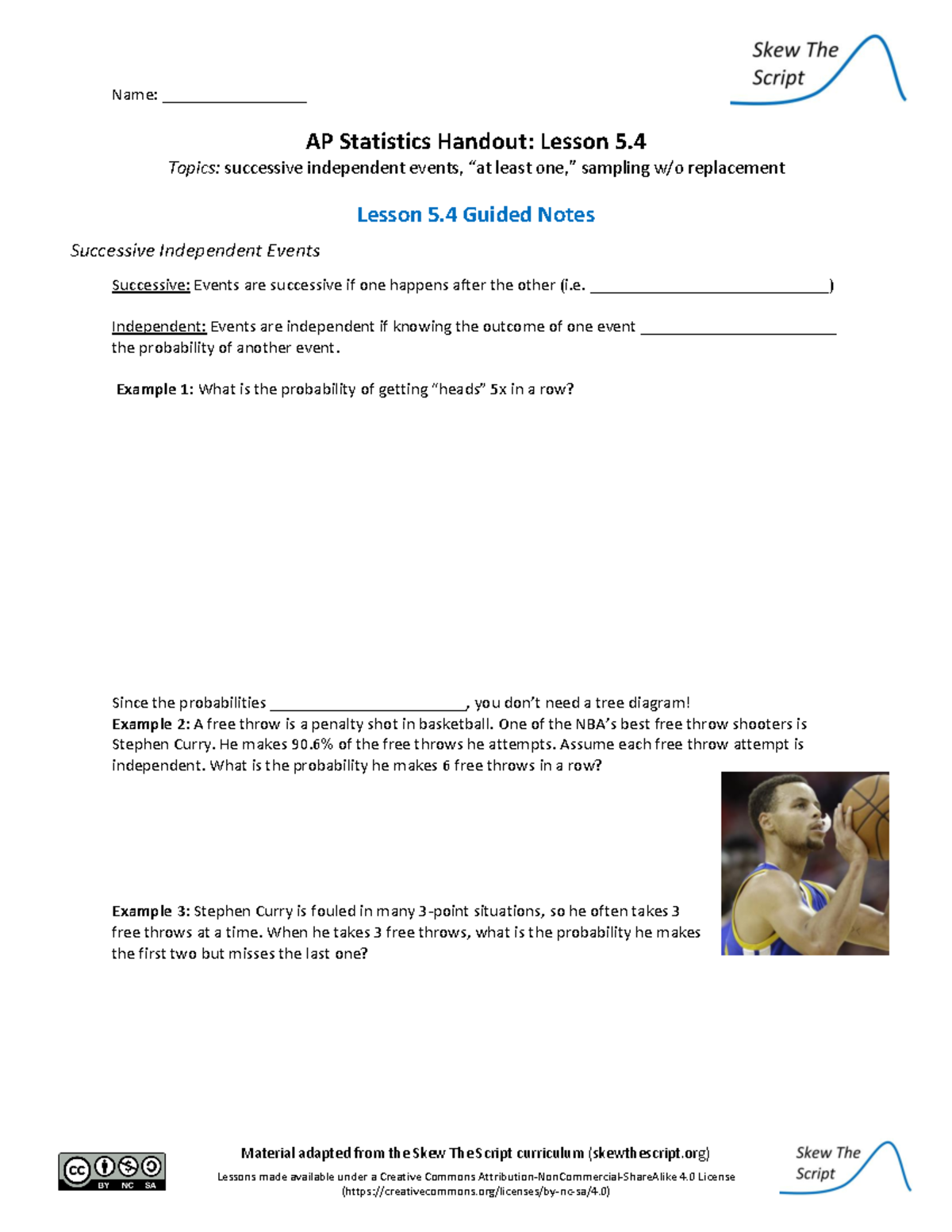 AP Statistics Handout: Lesson 5.4 on Successive Events & Probabilities ...