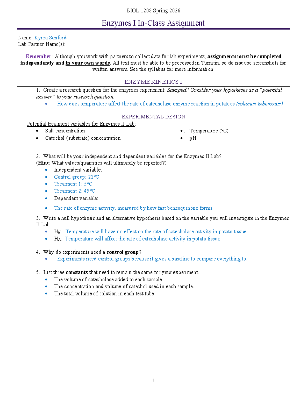 BIOL 1208 Spring 2026 Enzymes I Lab Assignment Guide - Studocu