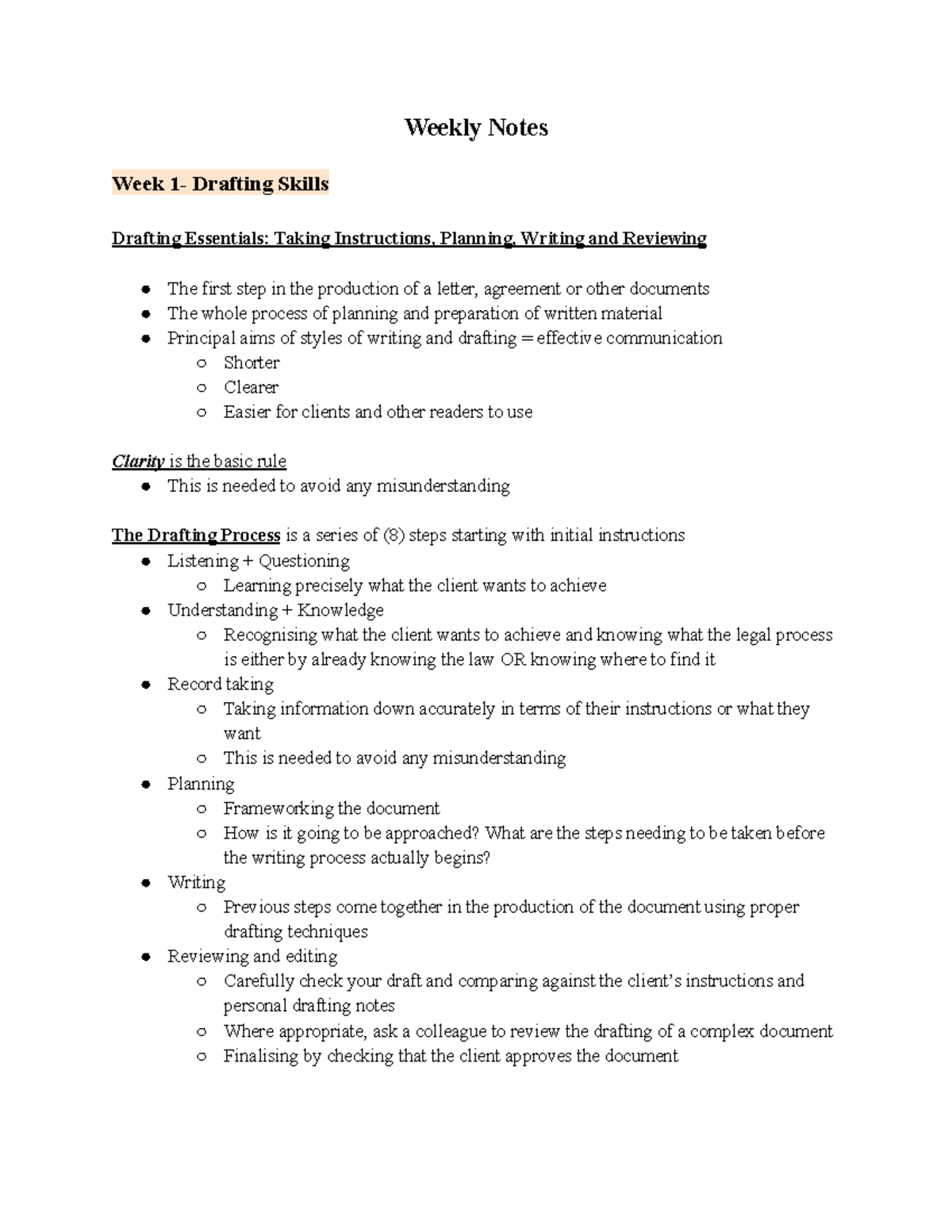 Weekly Notes - Weekly Notes Week 1- Drafting Skills Drafting Essentials ...