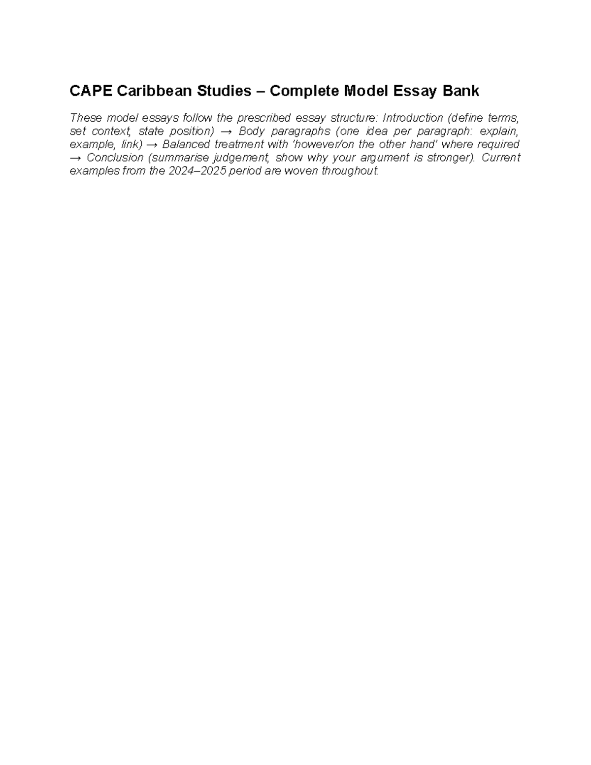 CAPE Caribbean Studies Model Essay Bank: Comprehensive Guide to Key ...