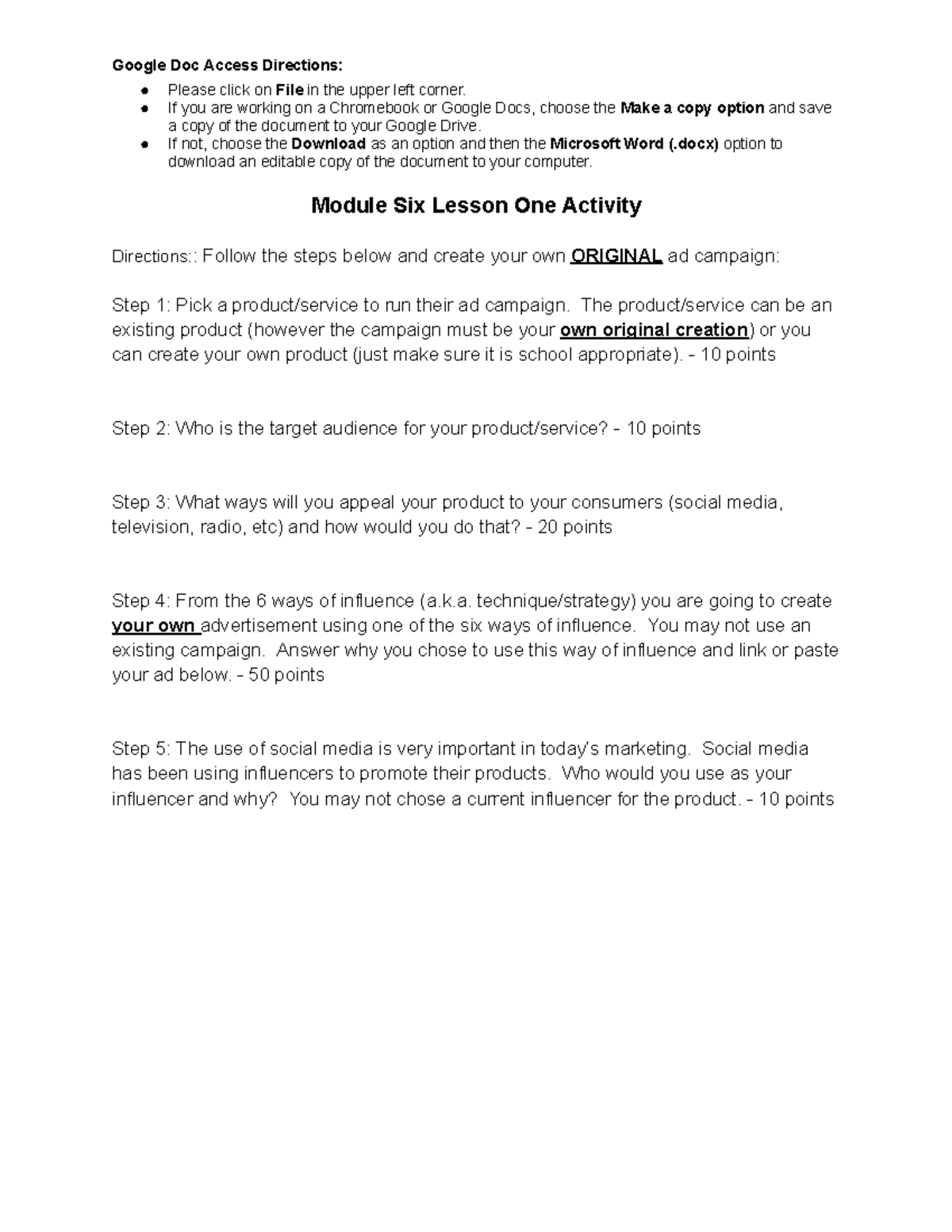 Module 6 Lesson 1 Activity: Creating an Original Ad Campaign - Studocu