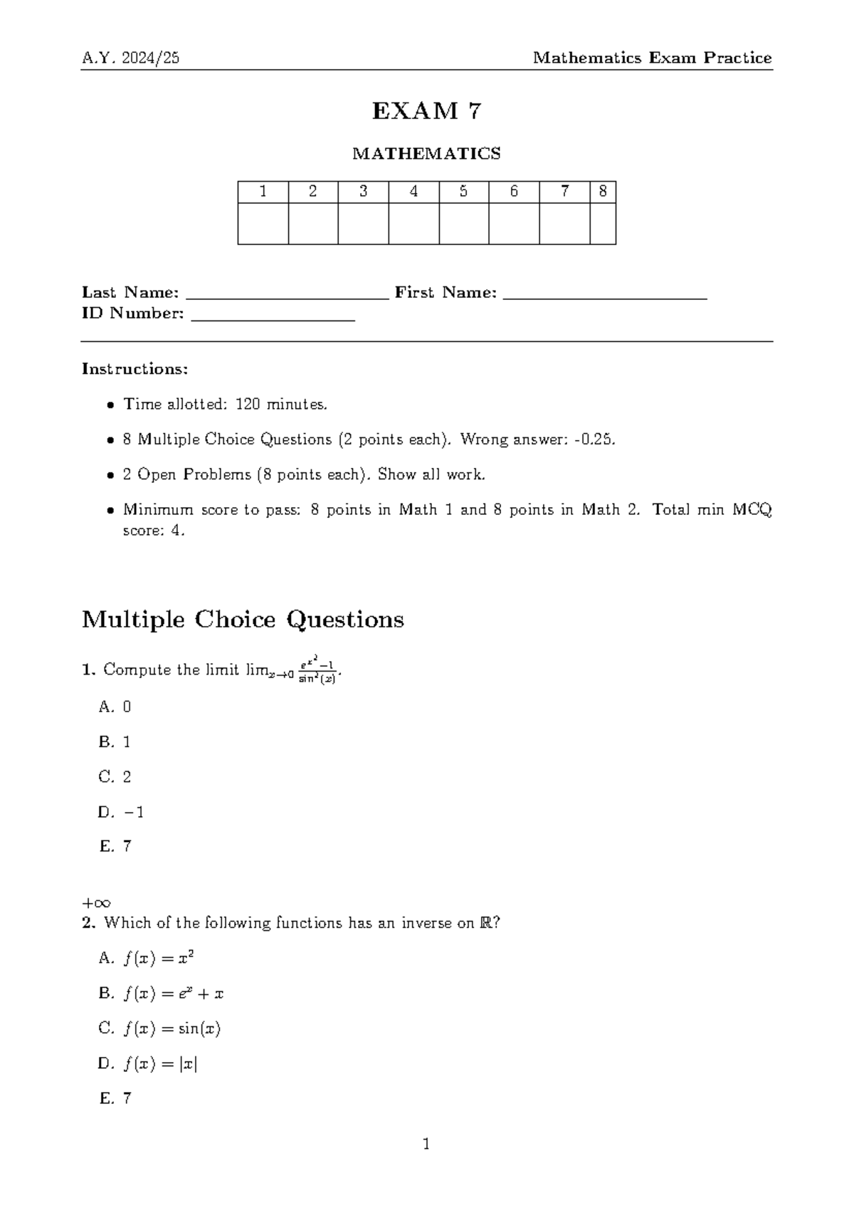 Mathematics 1 & 2 Exam Practice: Exam 7 & 9 Simulations - Studocu
