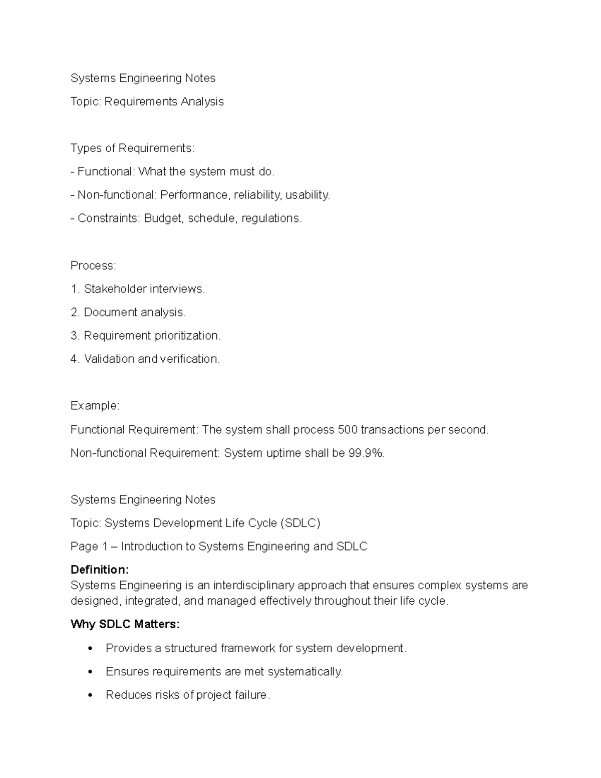 Systems Engineering Notes: Requirements Analysis & SDLC Overview - Studocu