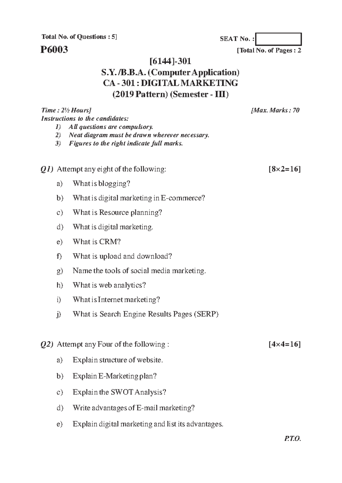 B.B.A (C.A) CA-301: Digital Marketing & CA-304: Angular JS Exams (2019 ...