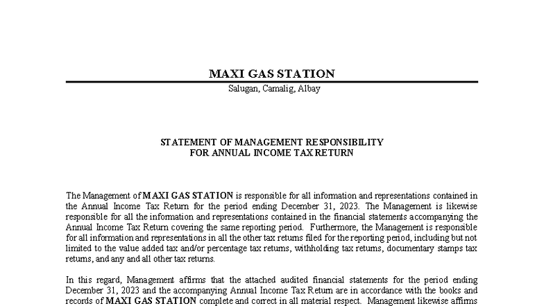 MAXI GAS STATION Annual Income Tax Return Management Statement - Studocu