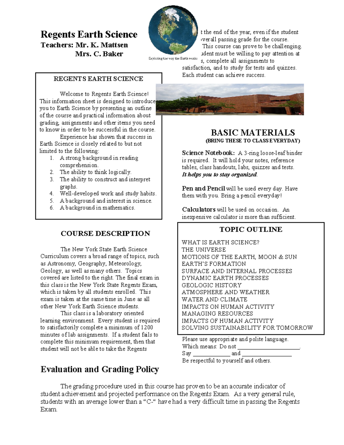 Earth Science Course Outline 2024-2025 - Regents Earth Science Teachers ...
