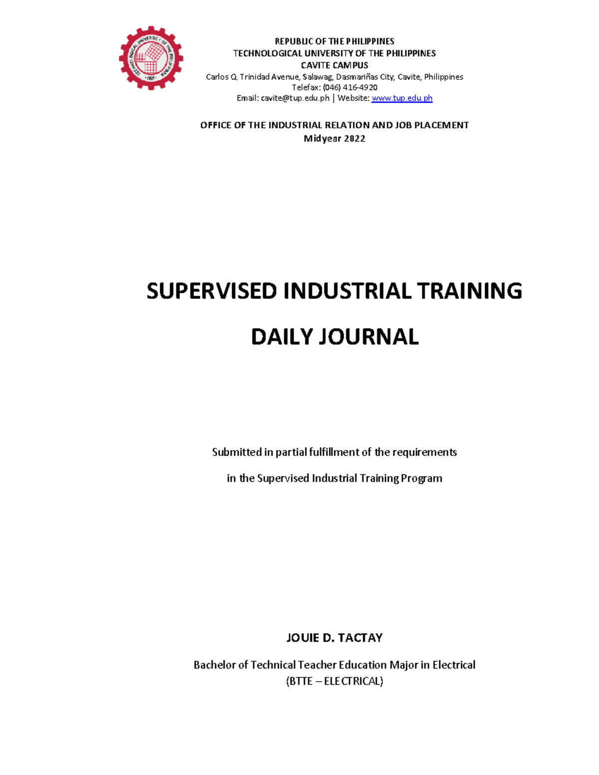 Tactay SIT- Daily Journal - TECHNOLOGICAL UNIVERSITY OF THE PHILIPPINES ...