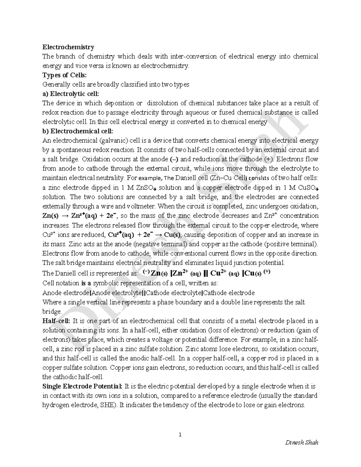 Electrochemistry Notes (CHEM 101): Understanding Cells and Reactions ...