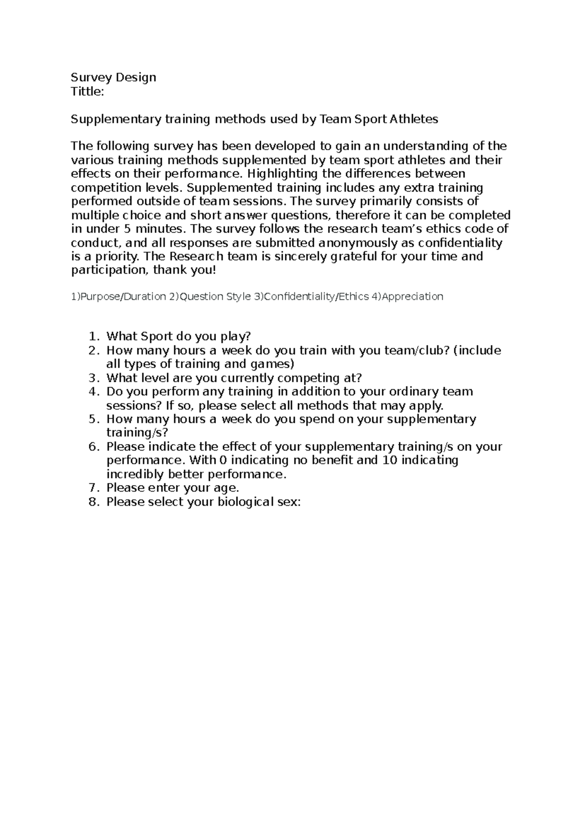 Survey Design: Supplementary Training Methods for Team Sports - Studocu