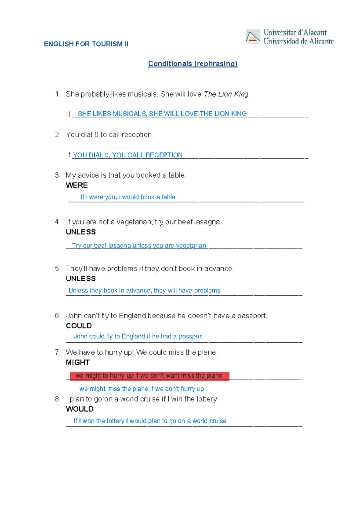 ENGLISH FOR TOURISM II Conditional Structures Rephrasing Exercises ...