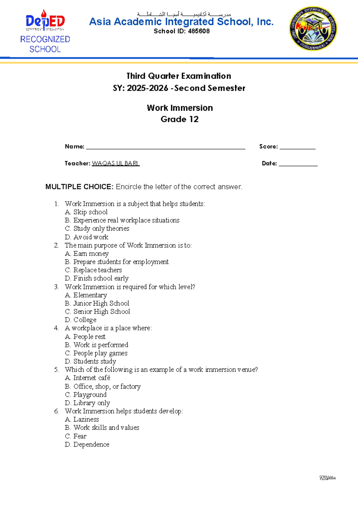 26-Waqas-Midterm-TD-Work Immersion Exam Questions - Studocu