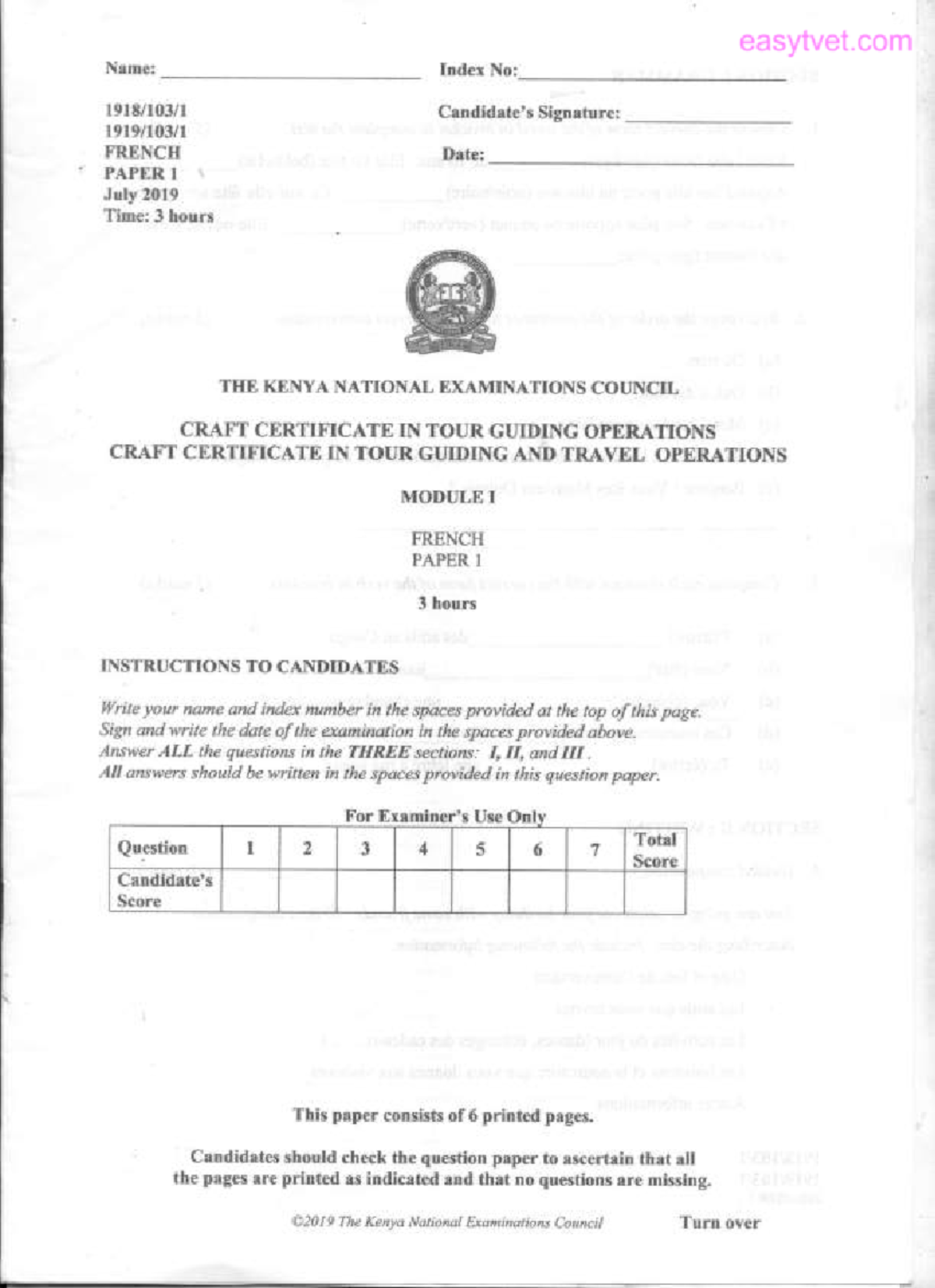 2019 July - KNEC French Paper 1 Past Exam - Studocu