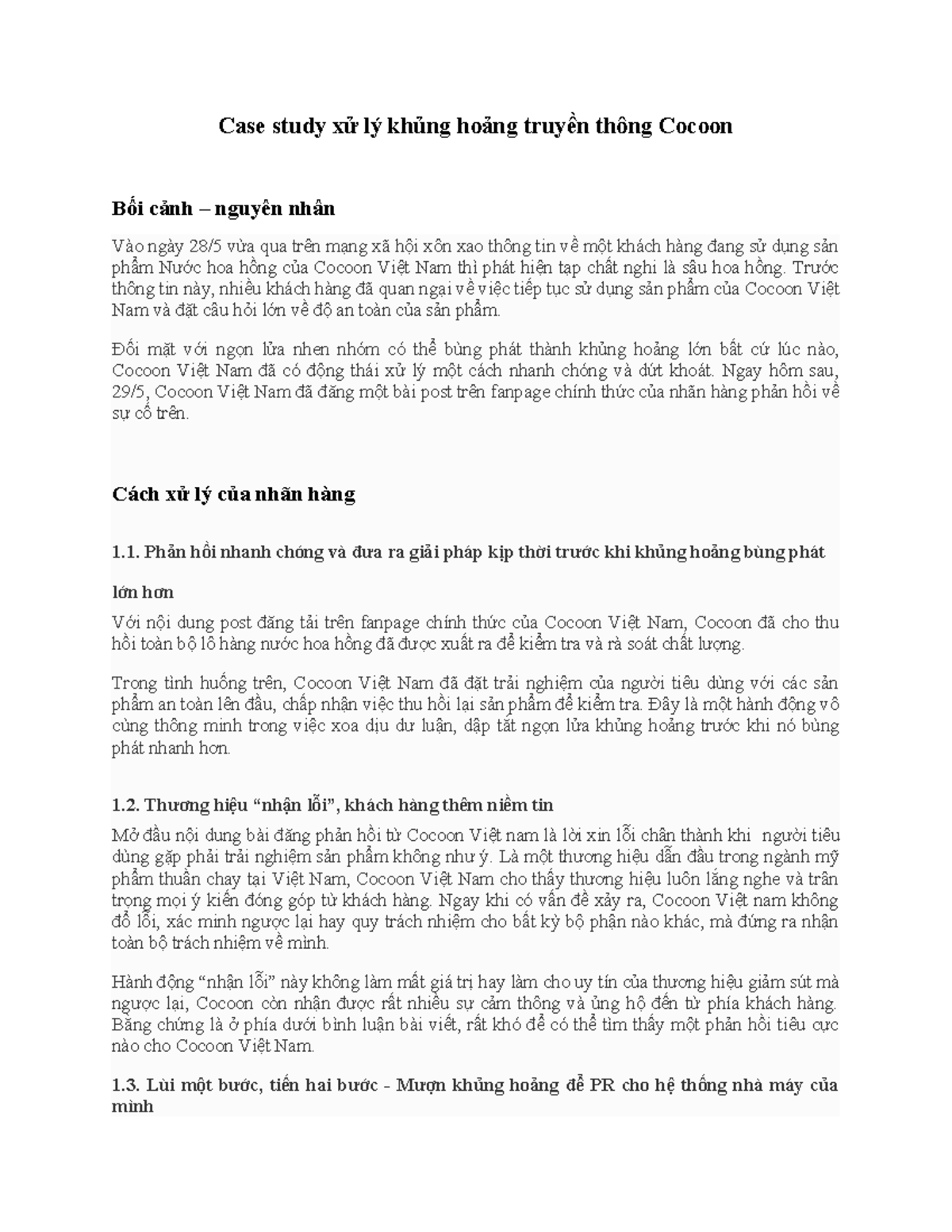 Case Study PR: Cocoon và Biti's Hunter - Chiến lược xử lý khủng hoảng truyền thông - Studocu