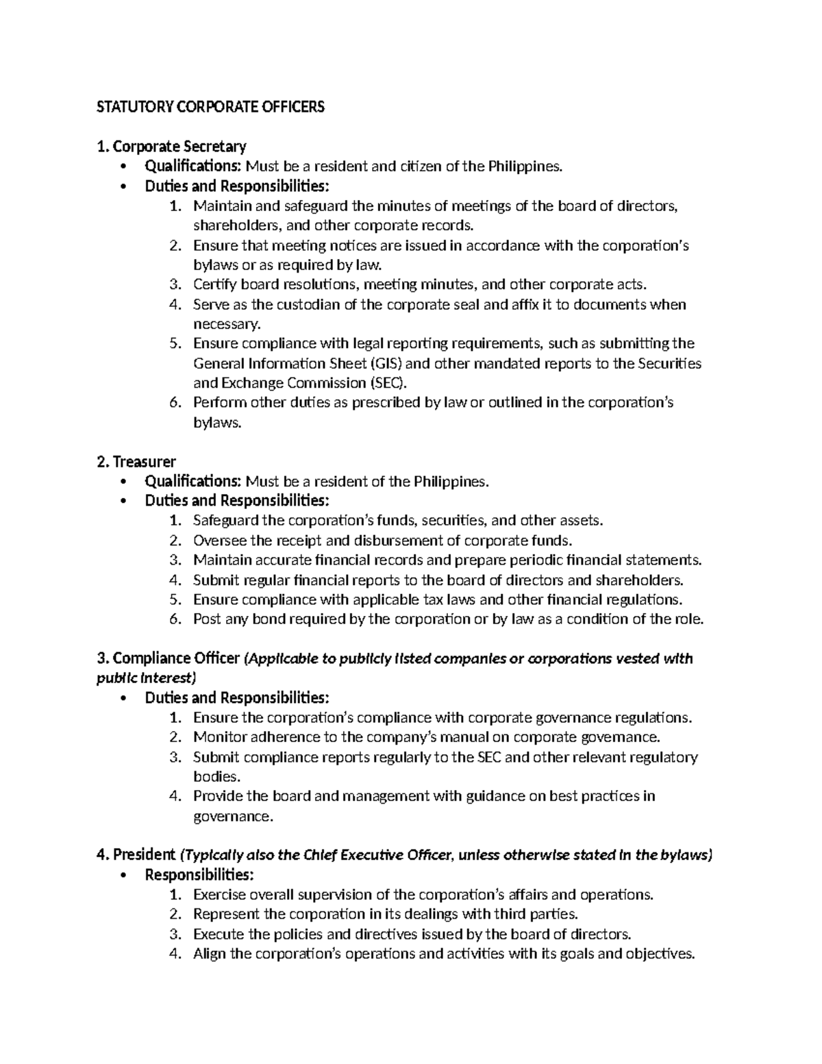 STAT 101: Overview of Statutory Corporate Officers and Their Roles ...