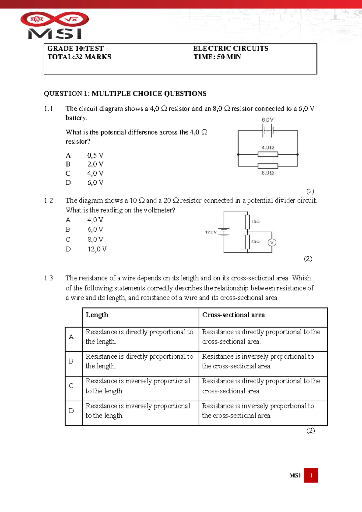 Electric circuits test: Grade 10, total marks 32, time 50 min - Studocu