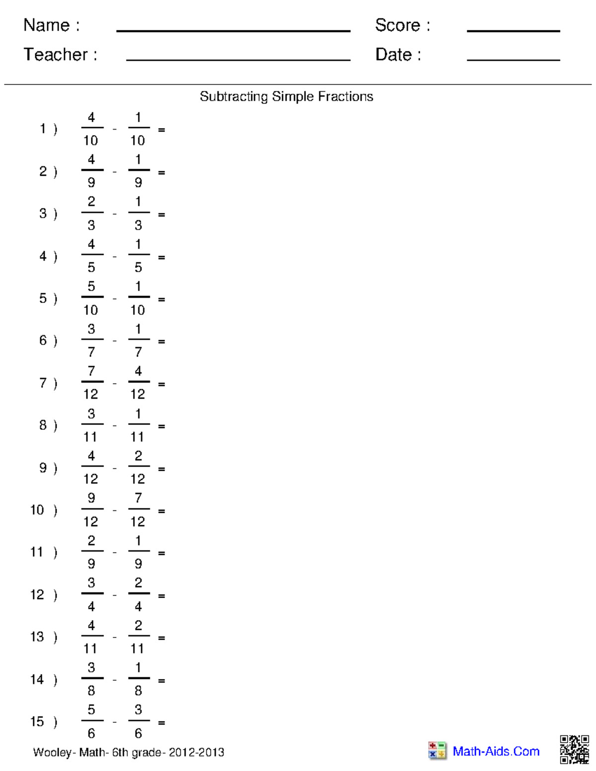 6th Grade Subtracting Simple Fractions Worksheet - Studocu