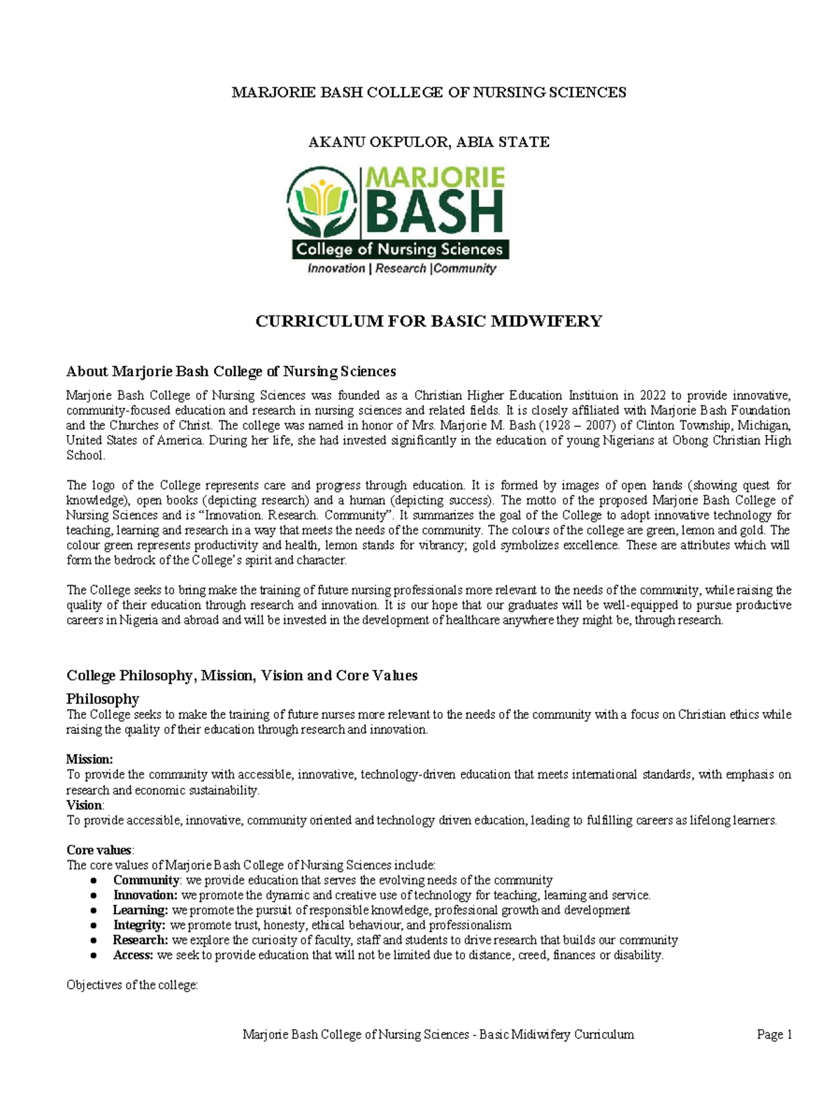 Marjorie Bash College of Nursing Sciences: Basic Midwifery Curriculum ...