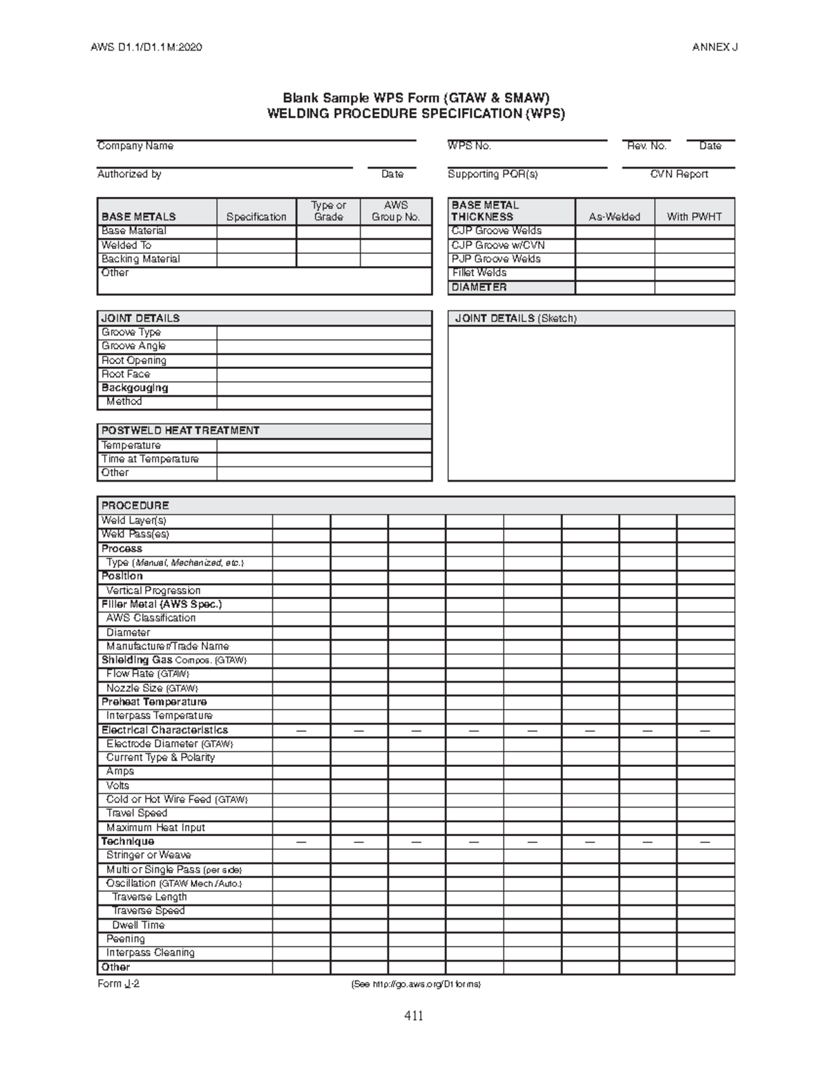 J 2 WPS GTAW SMAW D1 - ...... - 411 Blank Sample WPS Form (GTAW & SMAW ...