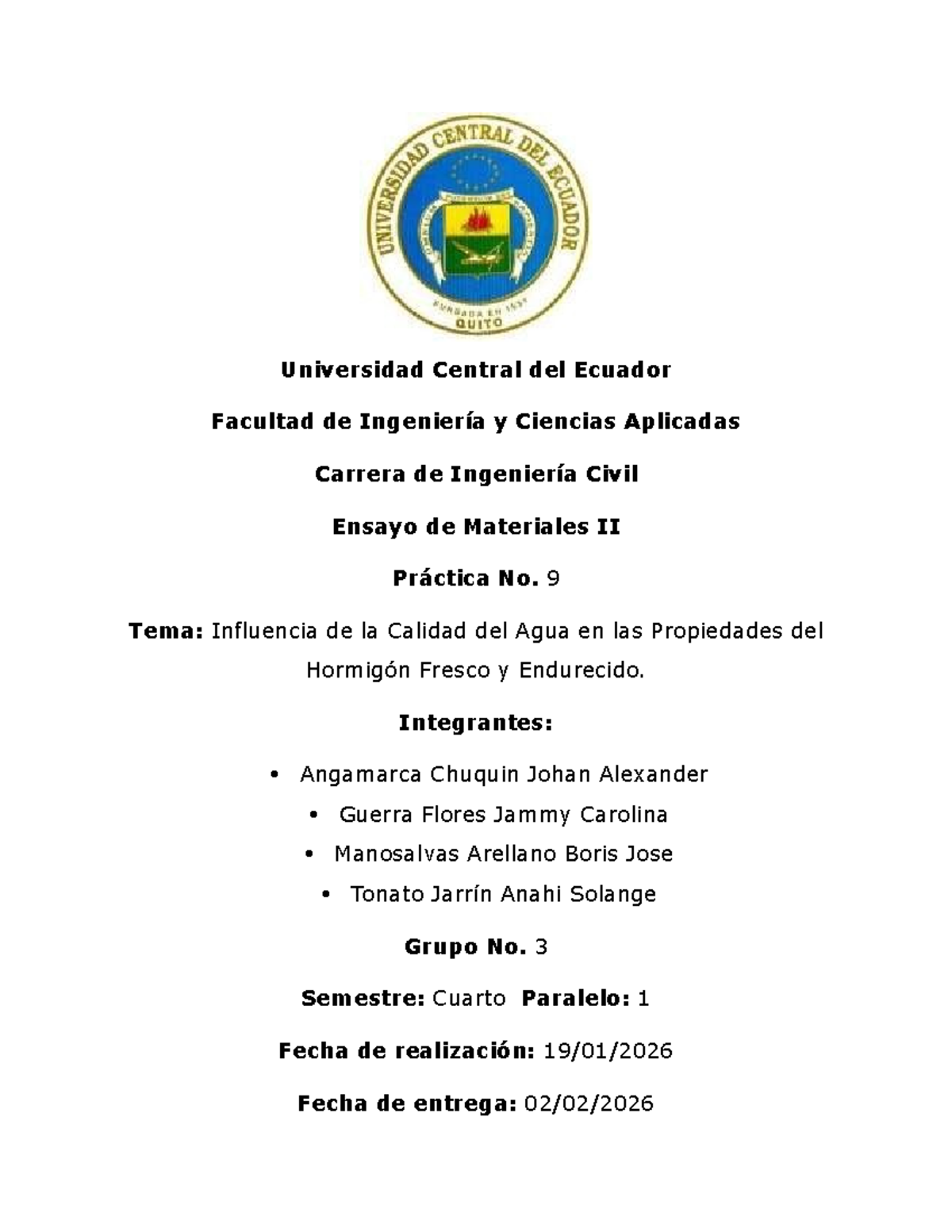 Informe 9: Influencia de la Calidad del Agua en Hormigón (INGC 2026 ...
