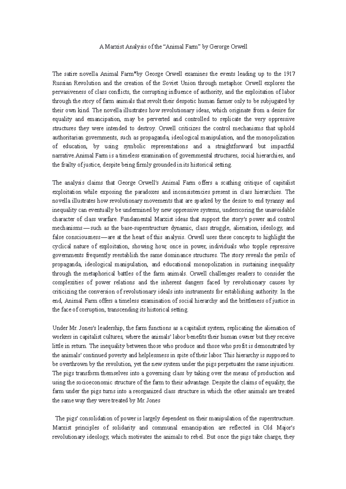 Marxist Analysis of George Orwell's Animal Farm: Class Conflict ...