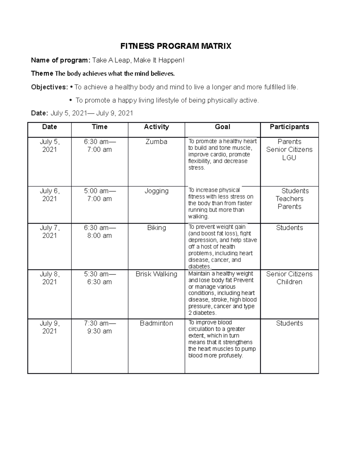 Fitness Program Matrix - FITNESS PROGRAM MATRIX Name of program: Take A ...