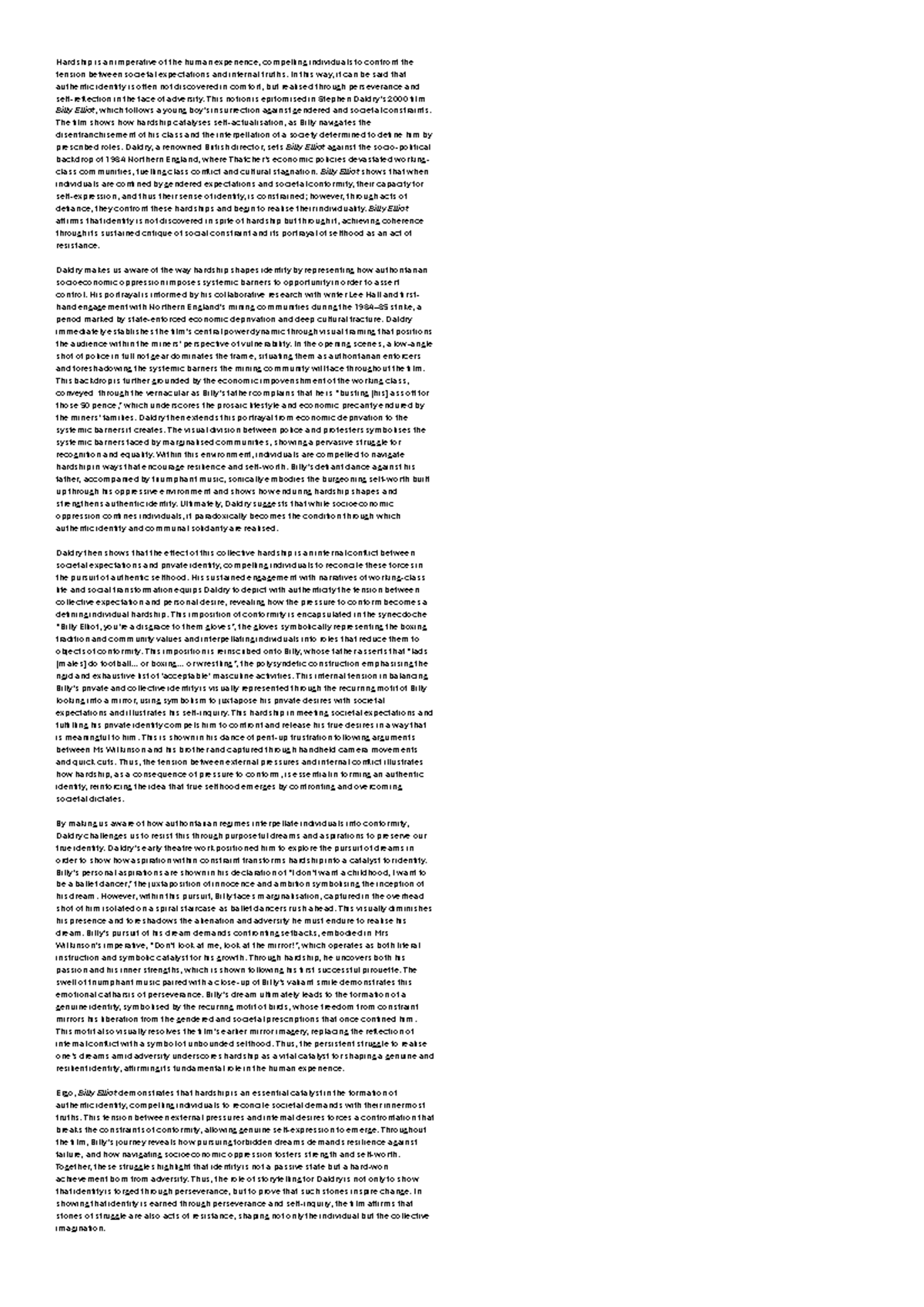 20/20 Billy Elliot Essay: Hardship as a Catalyst for Identity - Studocu