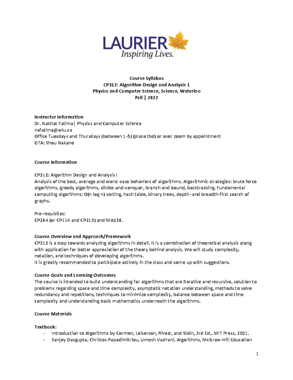 CP312 Fall 2022 Syllabus: Algorithm Design and Analysis I - Studocu