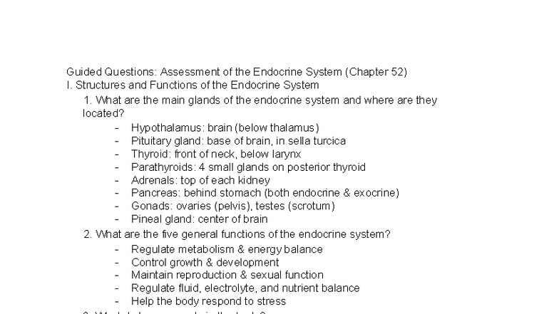 Guided Questions: Endocrine System Assessment (Chapters 52-54) - Studocu