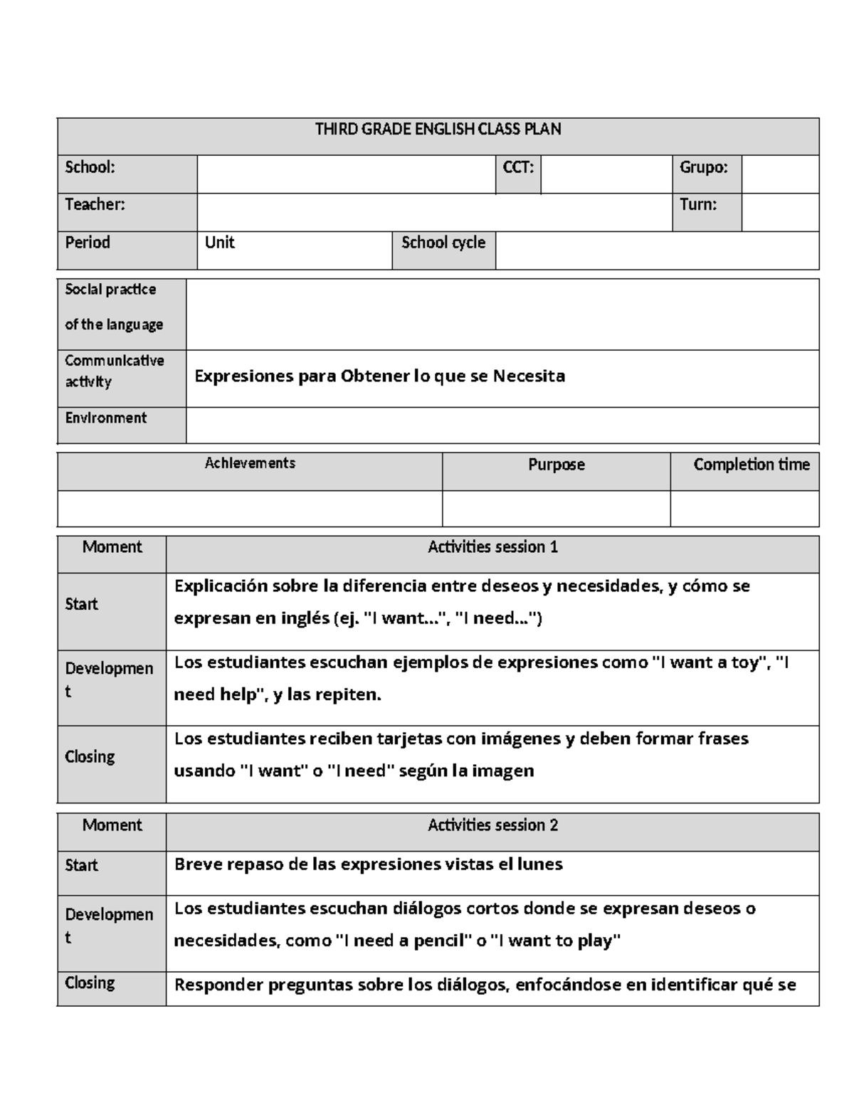 Primaria 3 semana 4 - THIRD GRADE ENGLISH CLASS PLAN School: CCT: Grupo ...