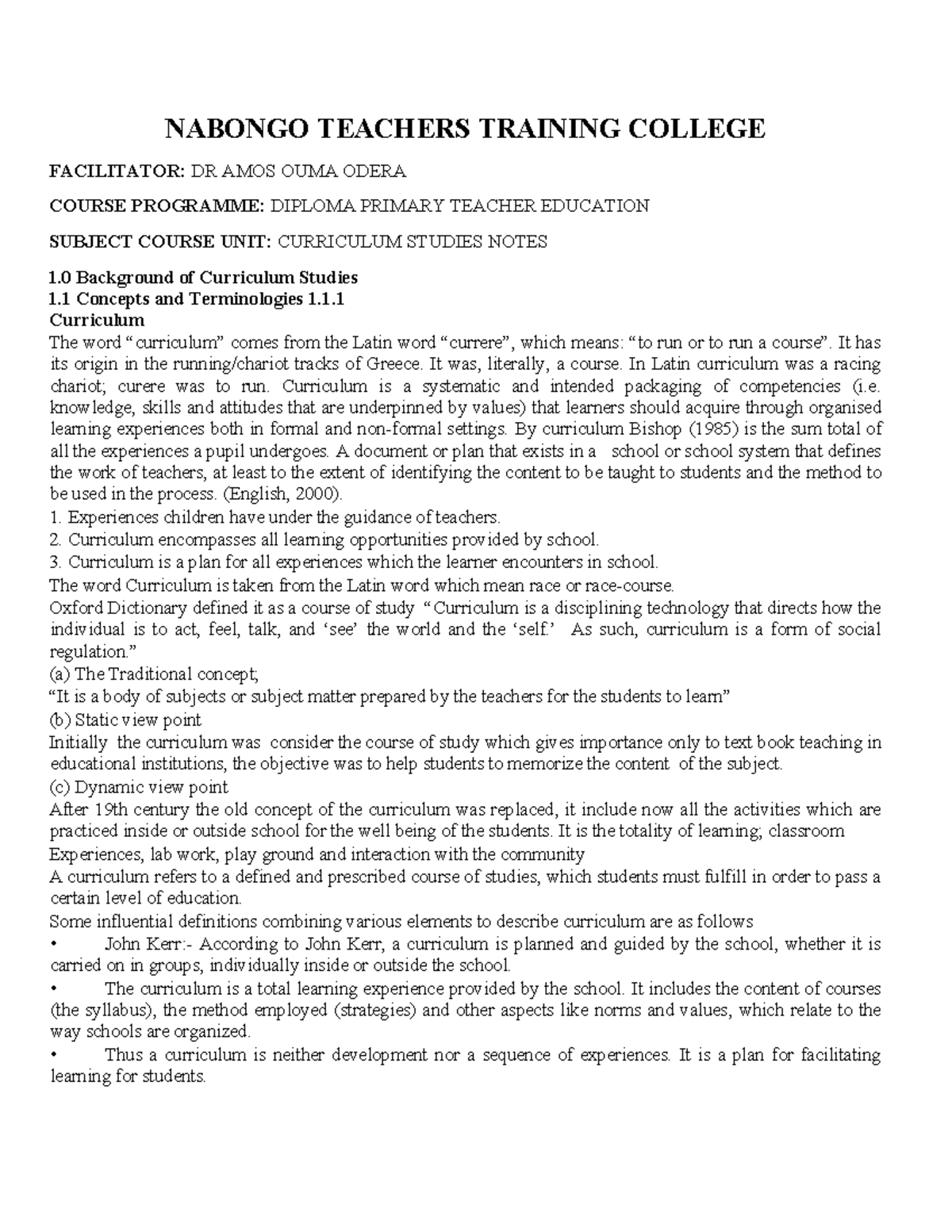 Curriculum Studies Notes for Diploma Primary Teacher Education (CST101 ...