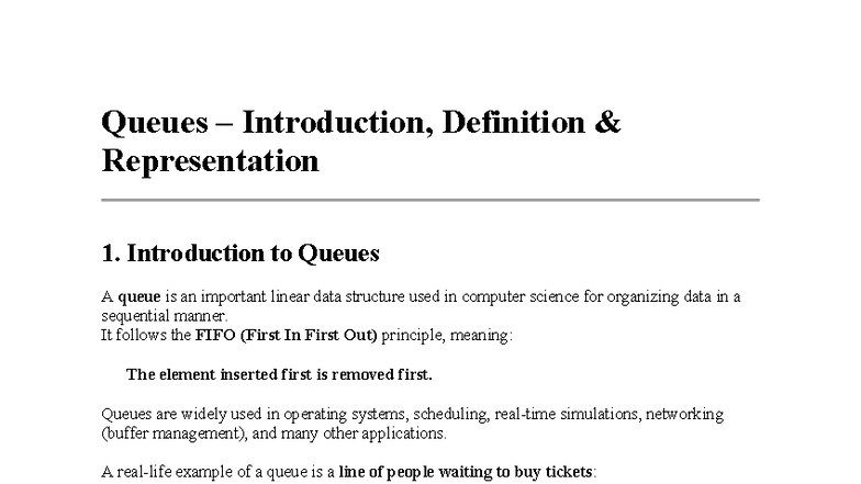 Unit 2 DS - Queues: Introduction, Definition, and Representation - Studocu