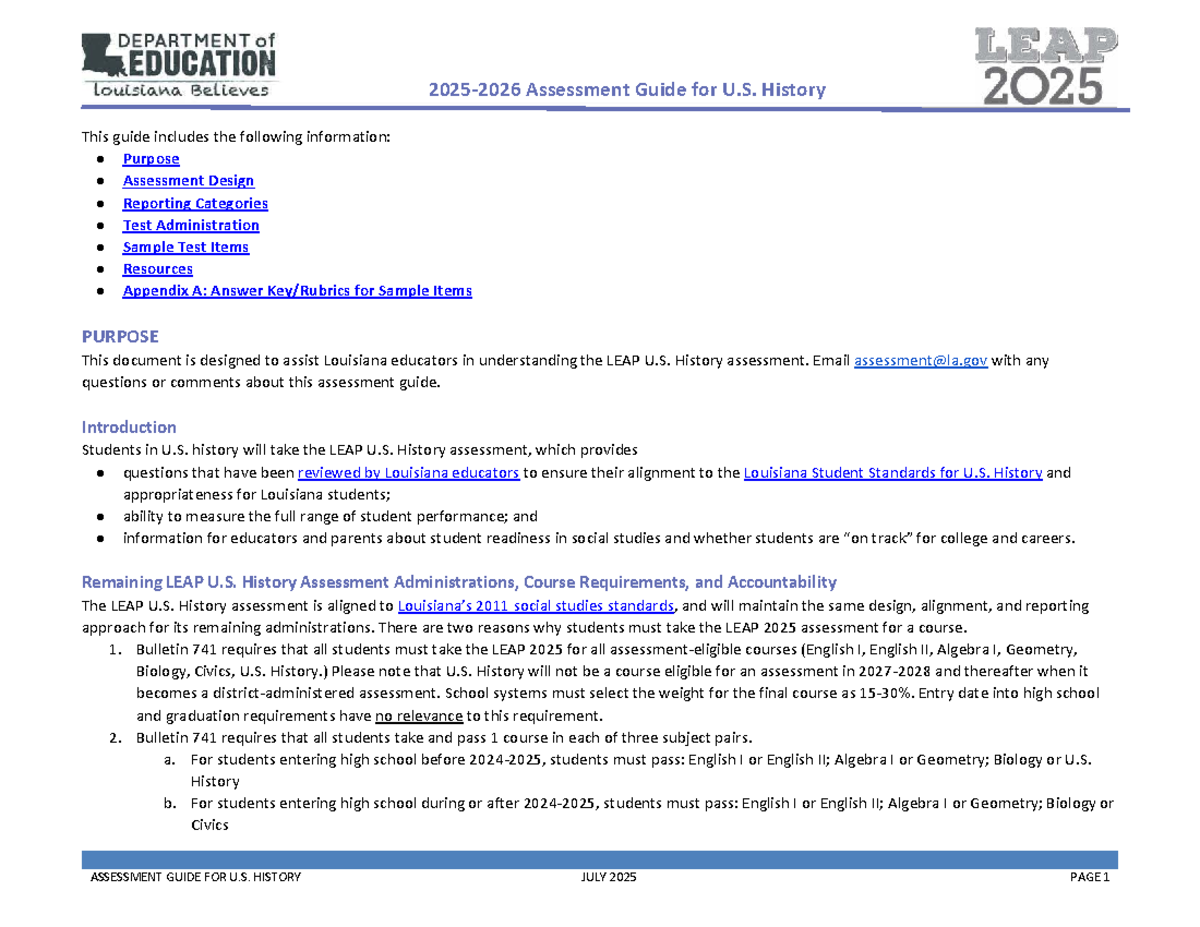 2025-2026 LEAP U.S. History Assessment Guide - Studocu