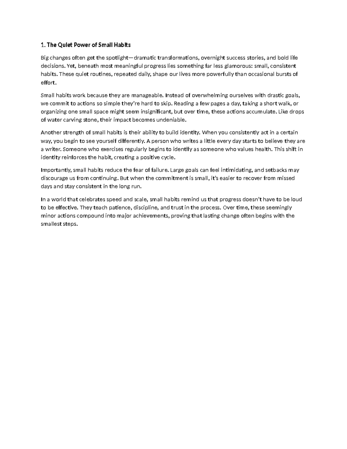 The Impact of Small Habits on Lasting Change - Essay English 1 - Studocu
