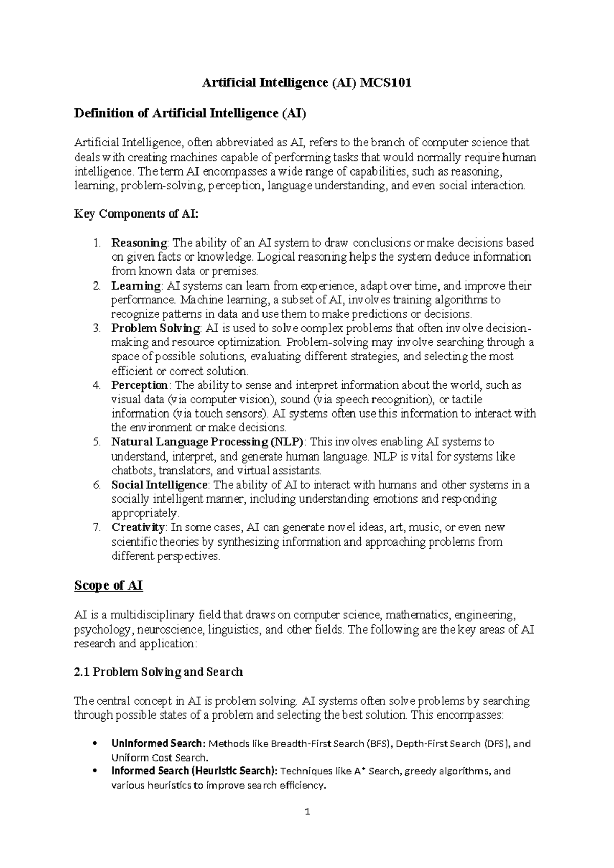 AI MCS101 module 1 self-study notes on artificial intelligence concepts ...