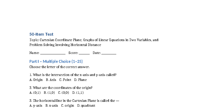 Test Review: Cartesian Coordinate Plane & Linear Equations (MATH101 ...