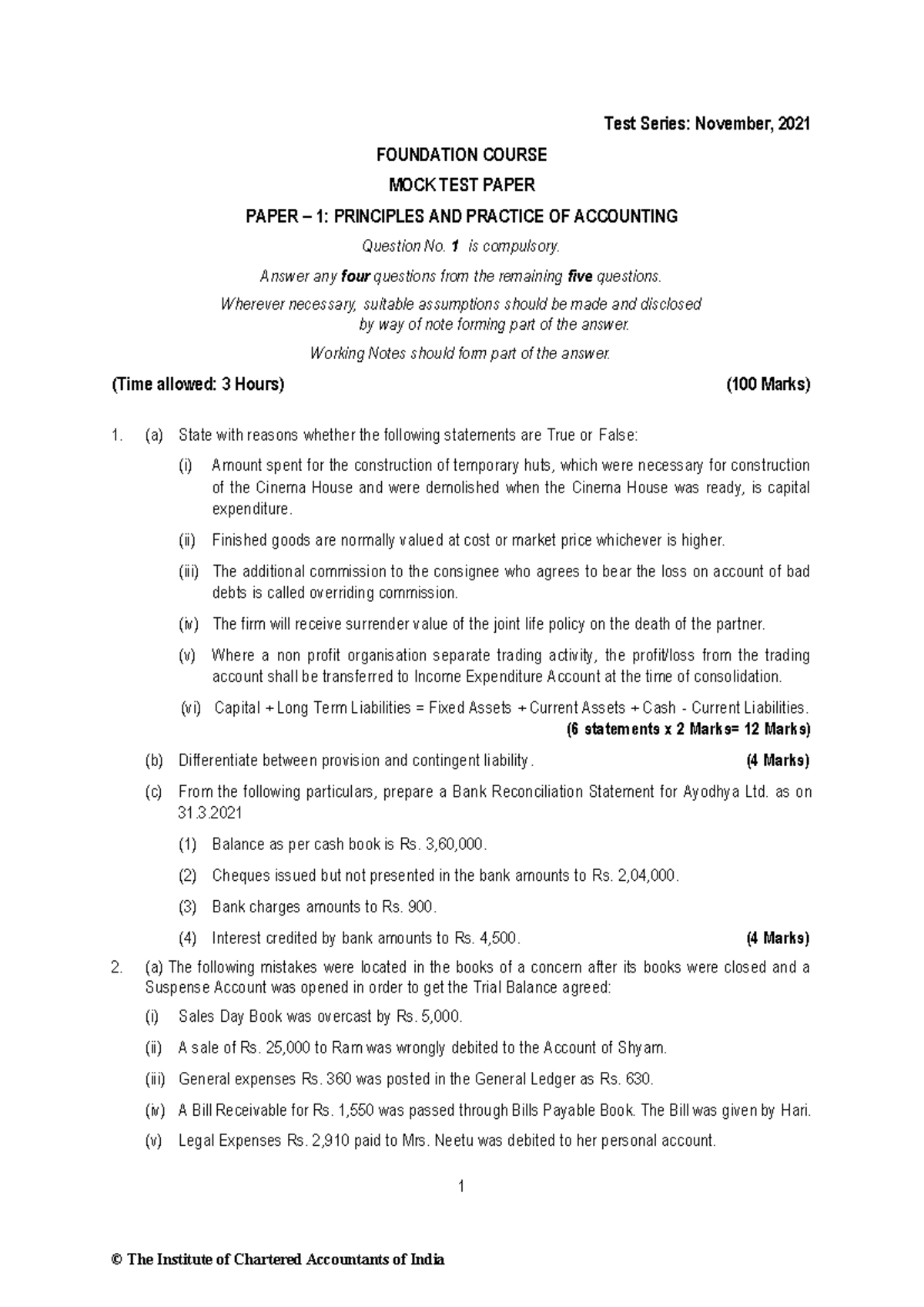 Foundation Course Mock Test Paper 1: Case Questions on Accounting ...