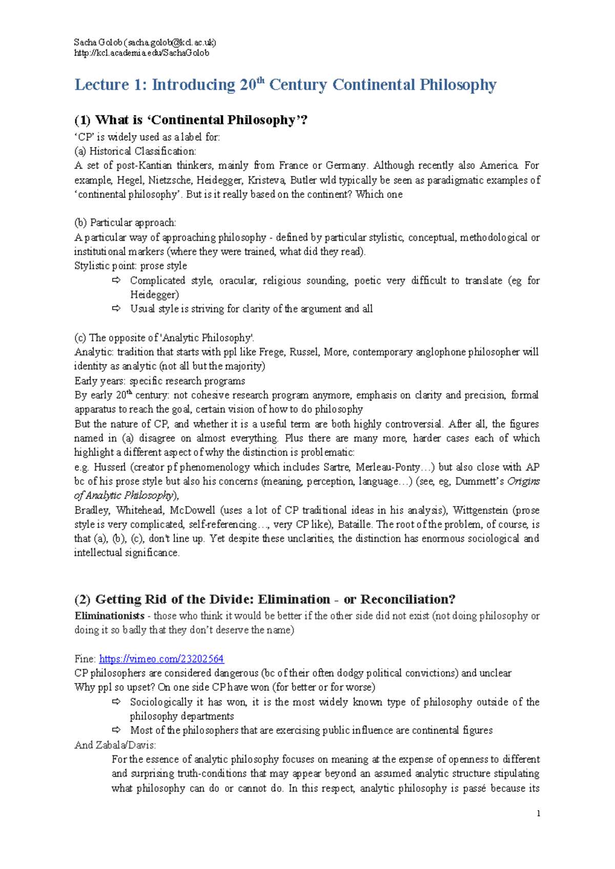 CP1 - Lecture 1: Intro to 20th Century Continental Philosophy - Studocu