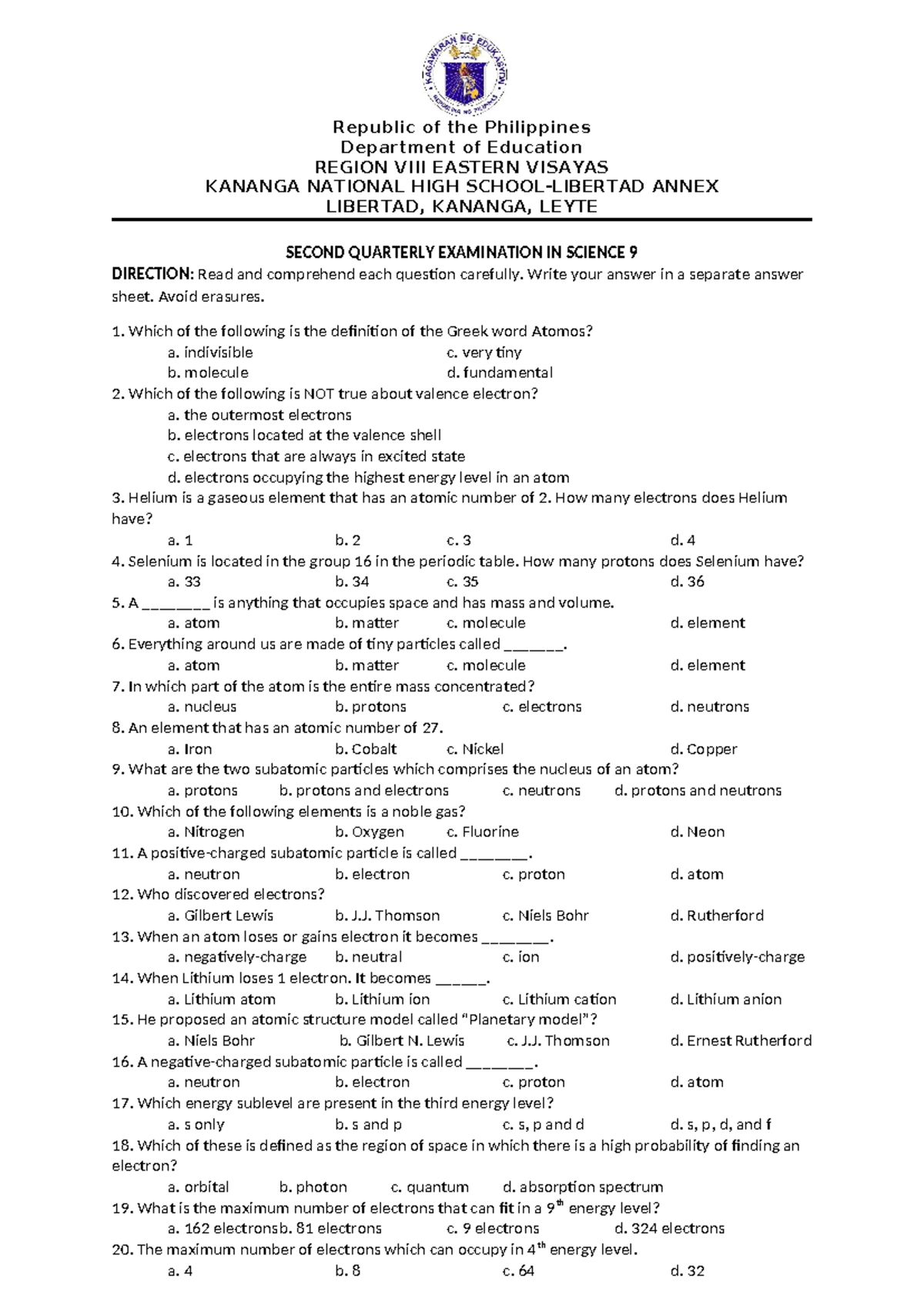 Science 9 2nd Quarter Exam Review and Questions - Studocu