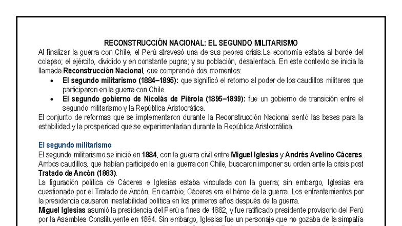Reconstrucción Nacional: Análisis del Segundo Militarismo en Perú - Studocu