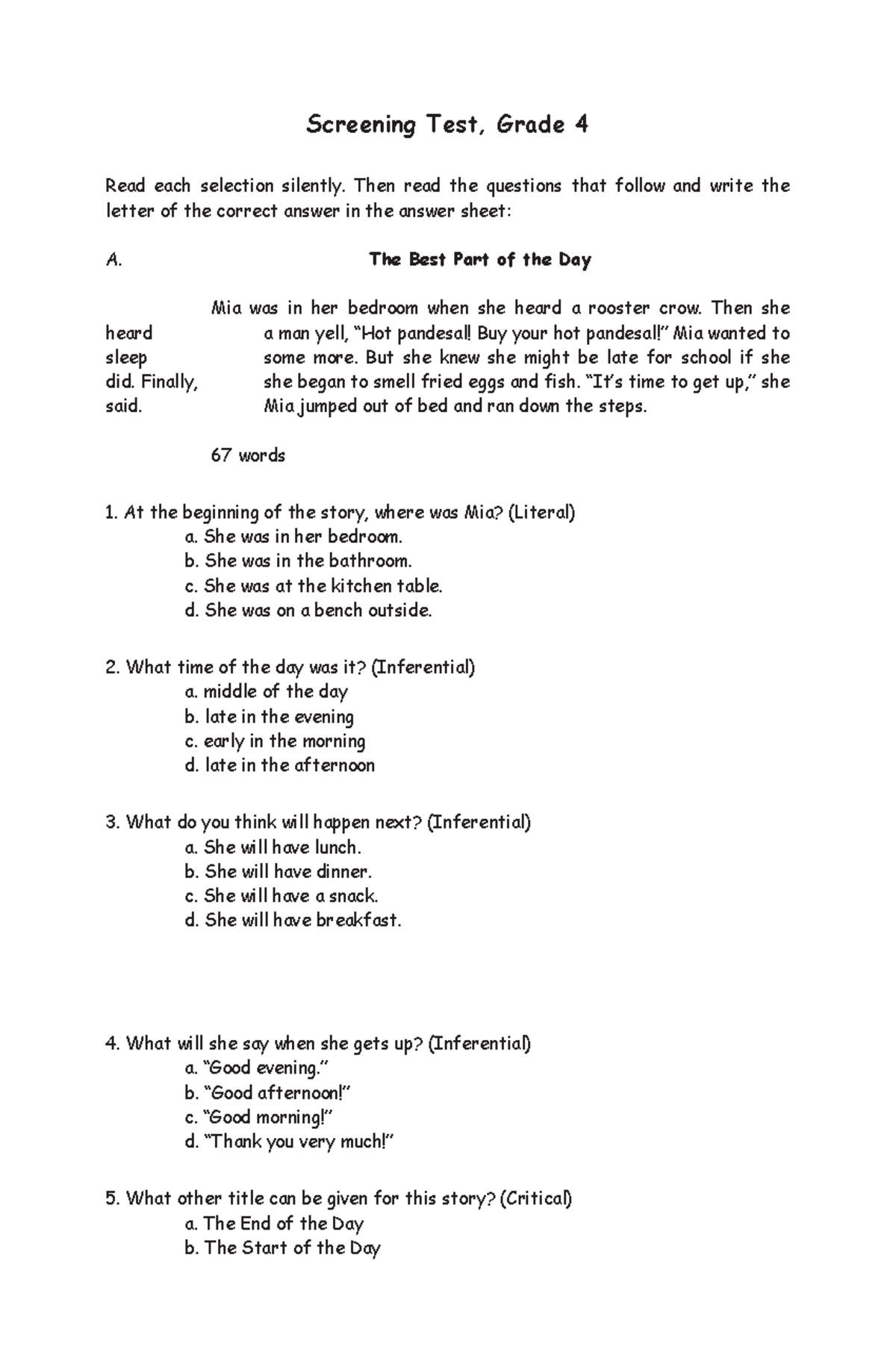 Screening Test Materials for Grade 4 & 5 (GST Phil IRI) - Studocu
