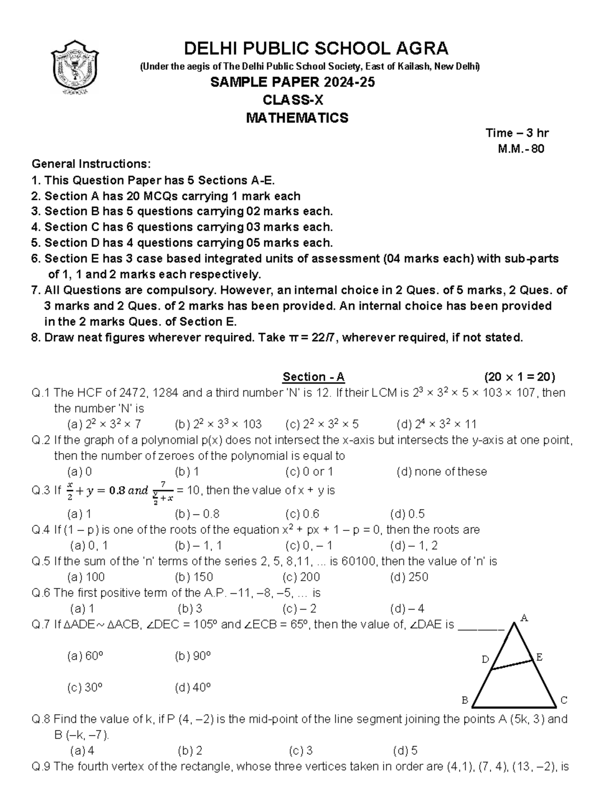 DPS Agra Sample Paper: Mathematics (Class 10) - Studocu