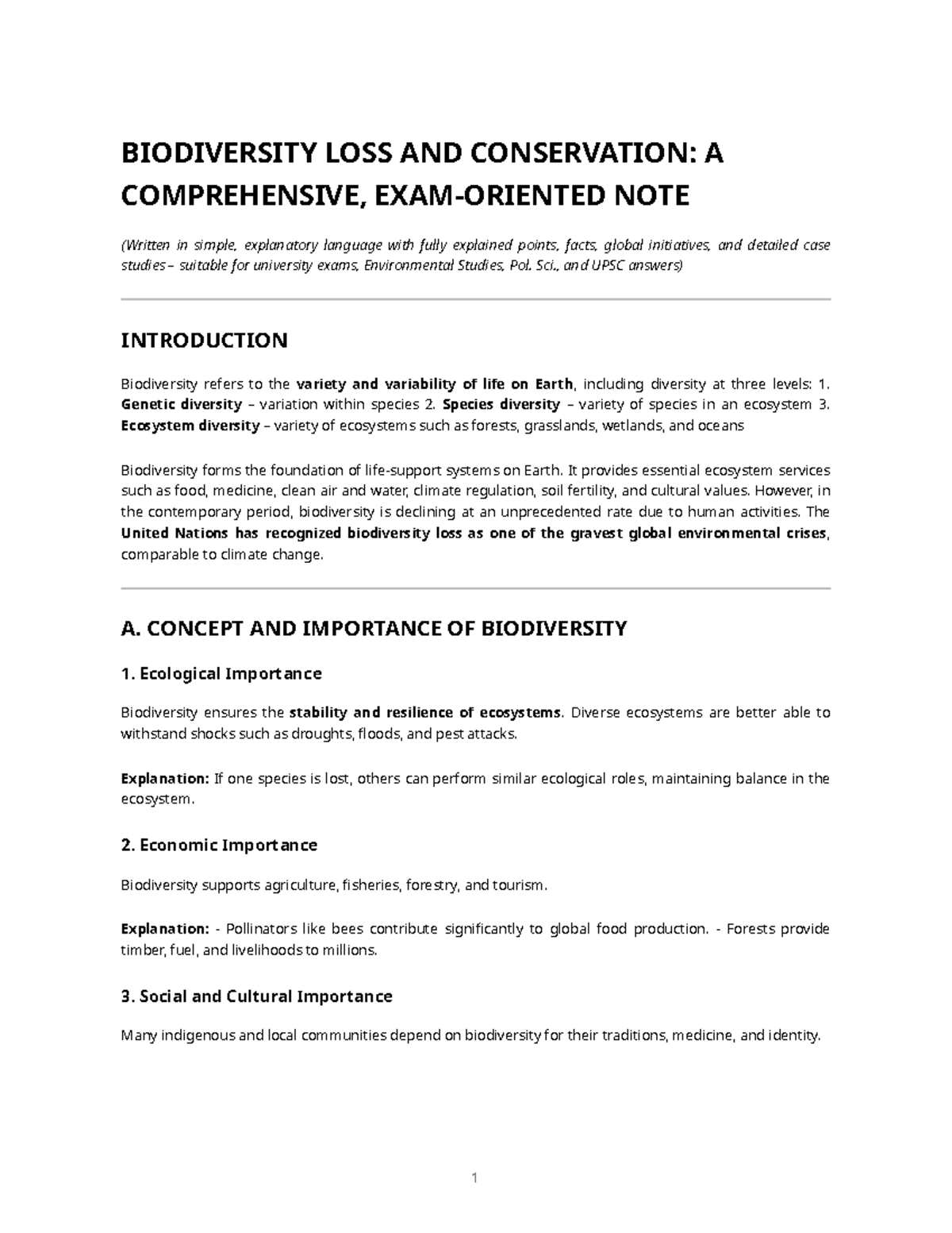Biodiversity Loss and Conservation: Comprehensive Exam Note (ES 101 ...
