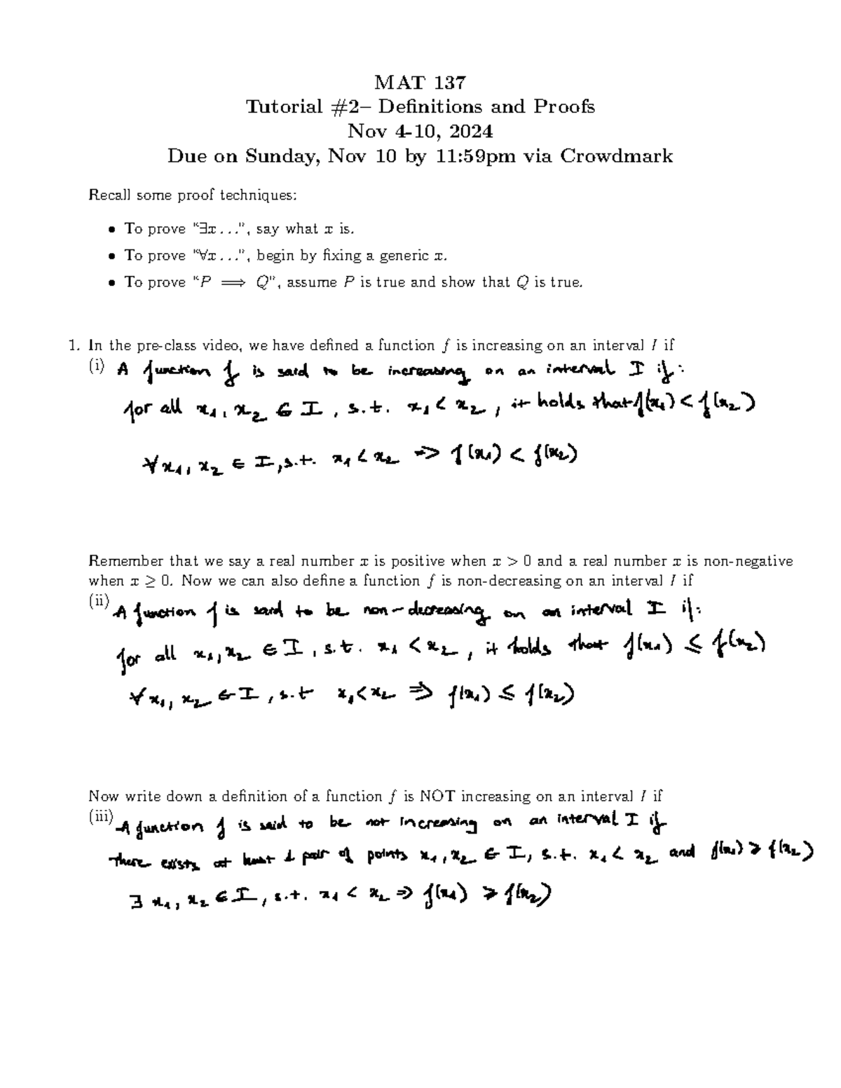 MAT 137 Tutorial 2: Definitions and Proof Techniques (Nov 2024) - Studocu
