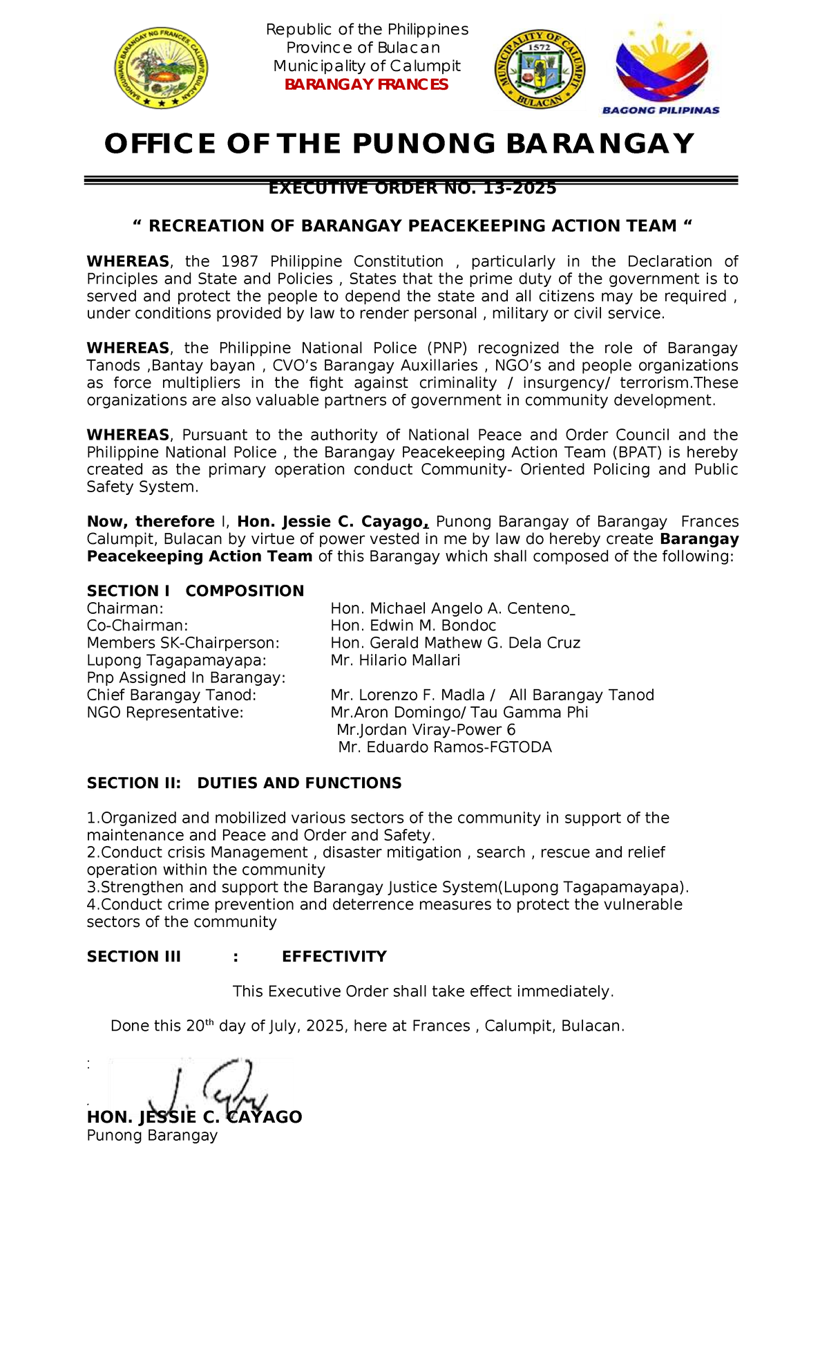 Badac 2025 Executive Order: Creation of Barangay Peacekeeping Action ...