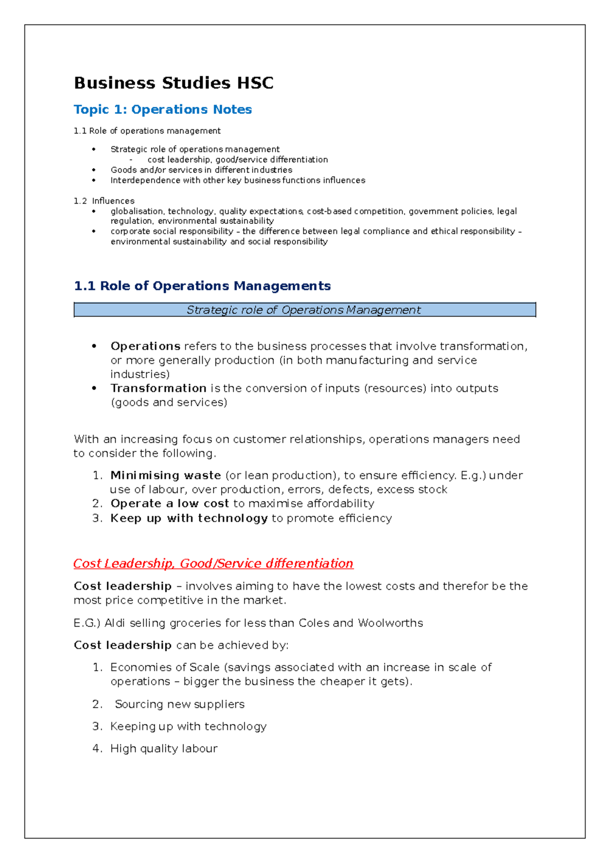 Business Studies HSC: Operations Management Notes and Insights - Studocu