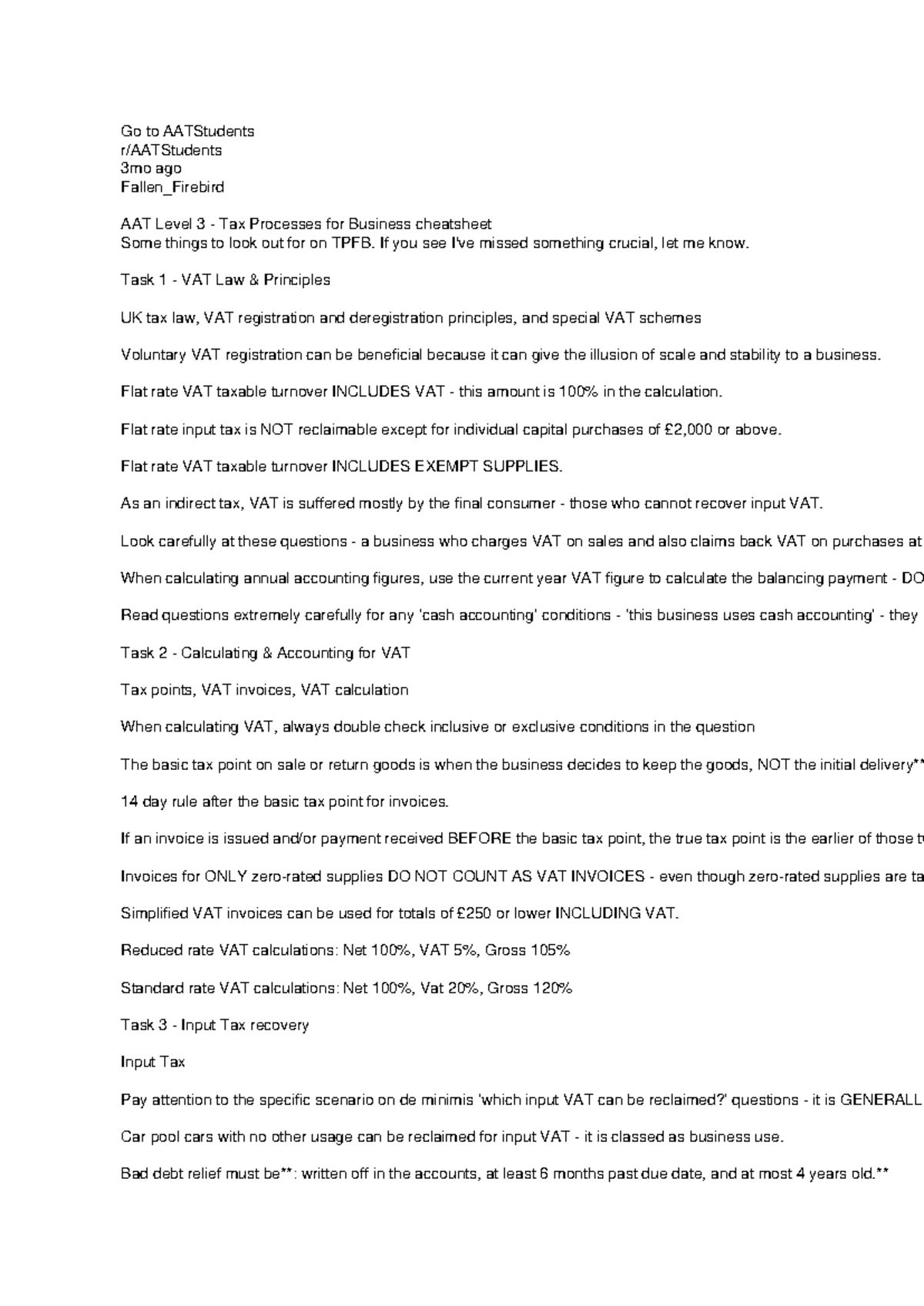 AAT Level 3 TPFB Cheat Sheet: Key VAT Processes and Principles - Studocu