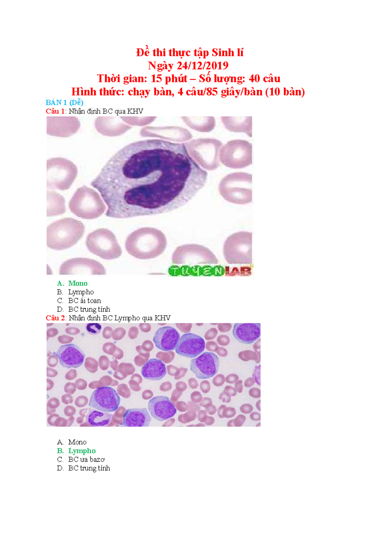 Đề thi thực tập Sinh lí Y2018 CD - 40 câu hỏi 15 phút - Studocu