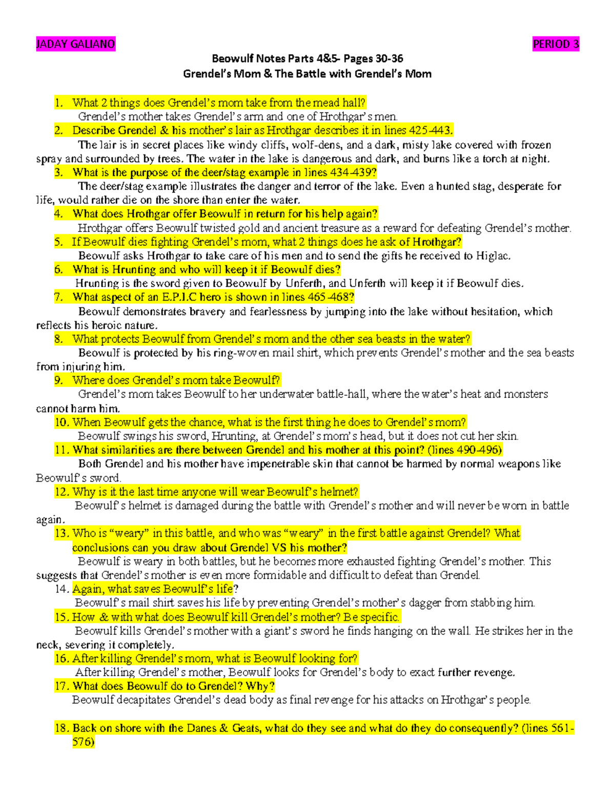 Beowulf Notes: Grendel's Mom & Battle (Parts 4&5) Overview - Studocu